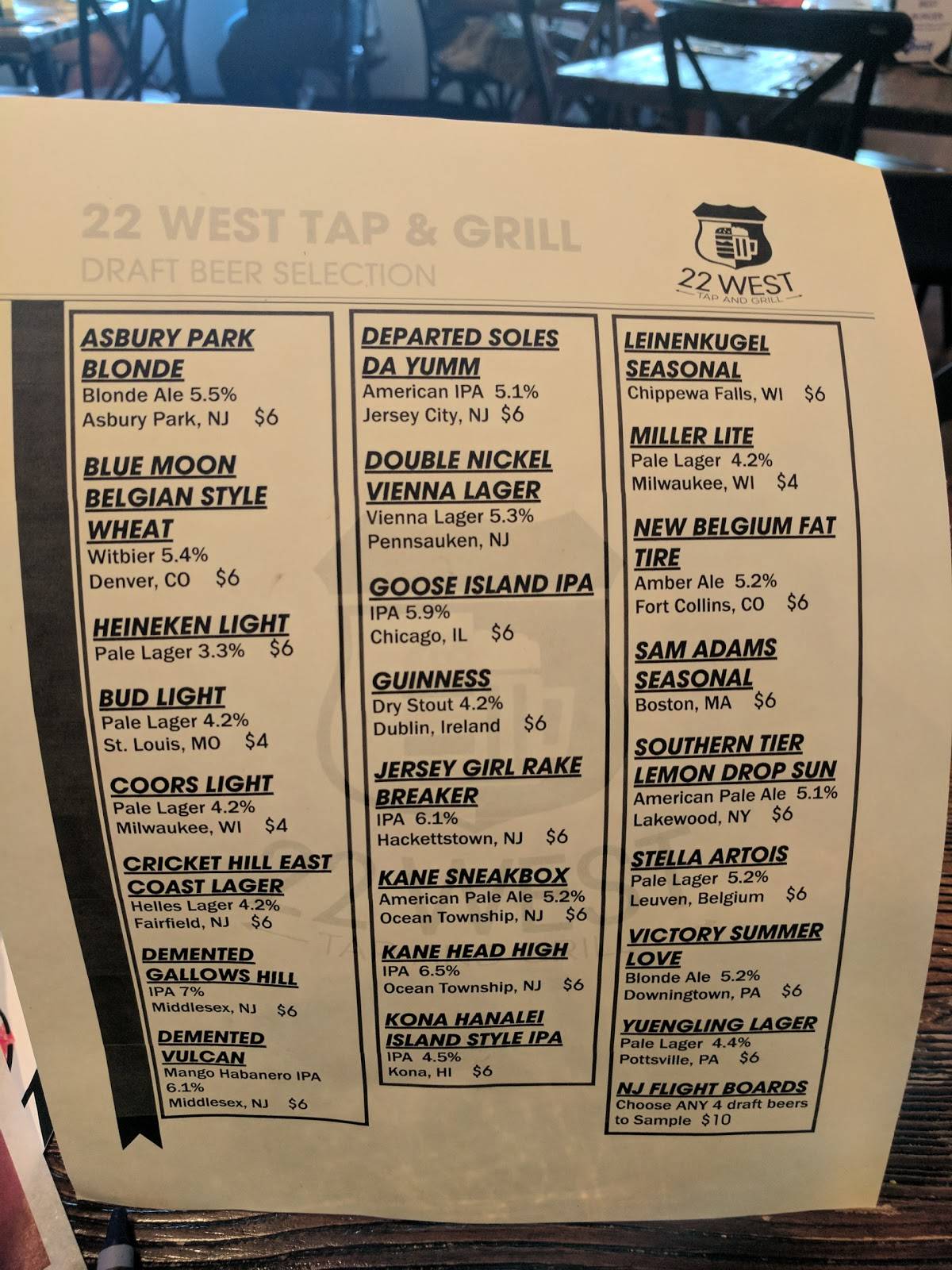 Menu at 22 West Tap and Grill pub & bar, Bridgewater, US-22