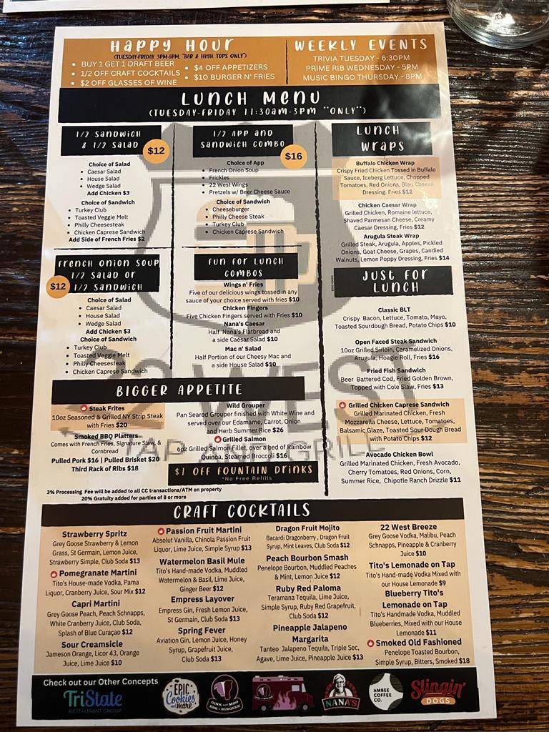 Menu at 22 West Tap and Grill pub & bar, Bridgewater, US-22