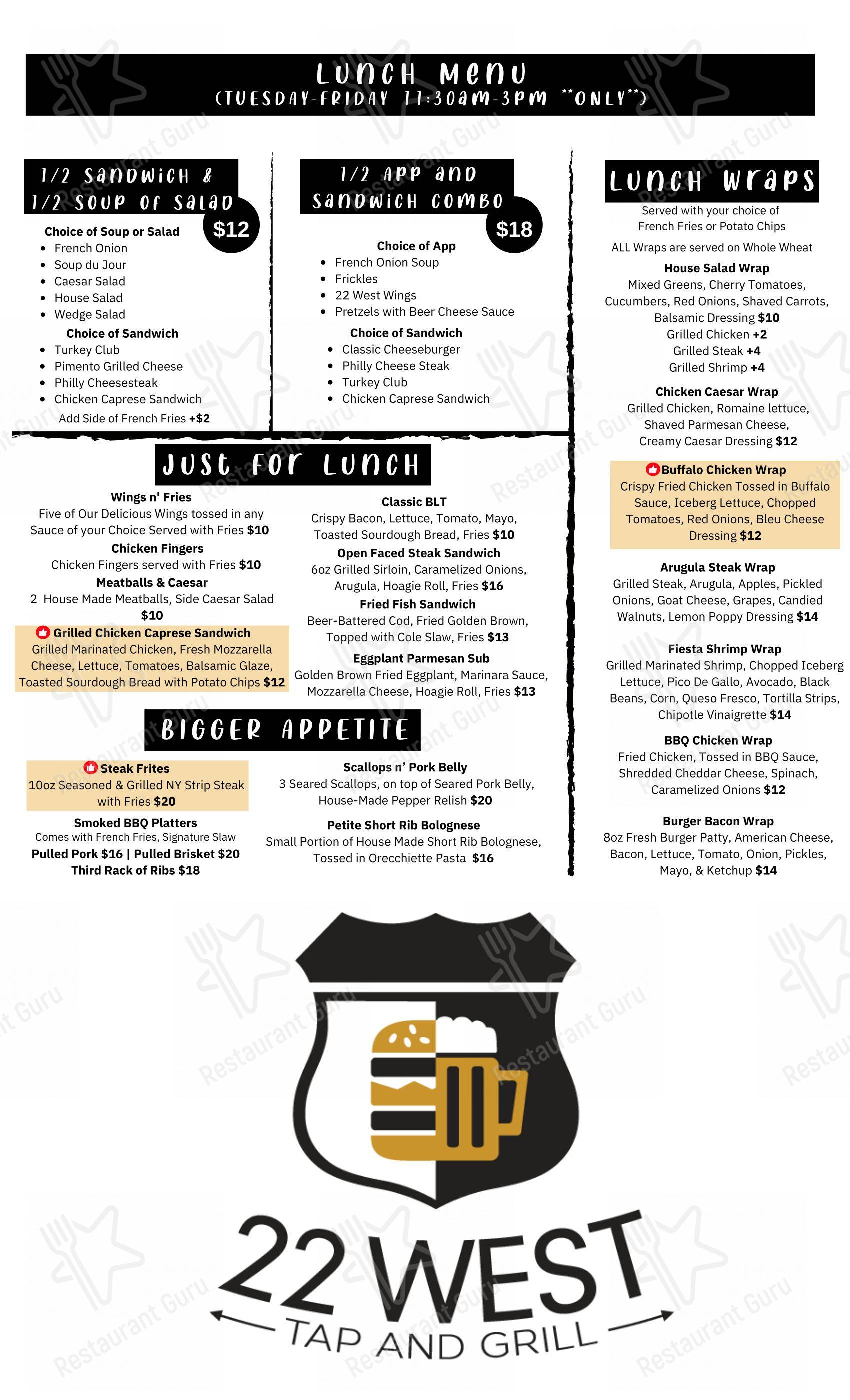 Menu at 22 West Tap and Grill pub & bar, Bridgewater, US-22
