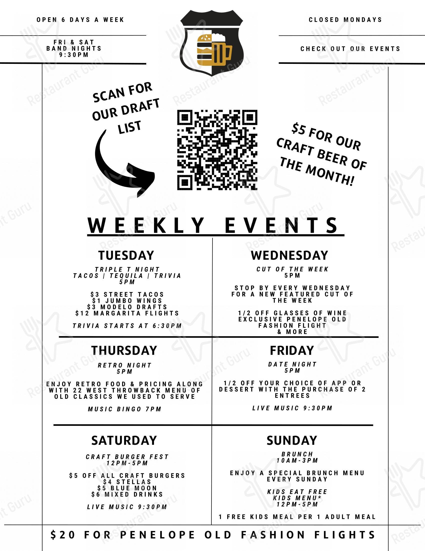 Menu at 22 West Tap and Grill pub & bar, Bridgewater, US-22