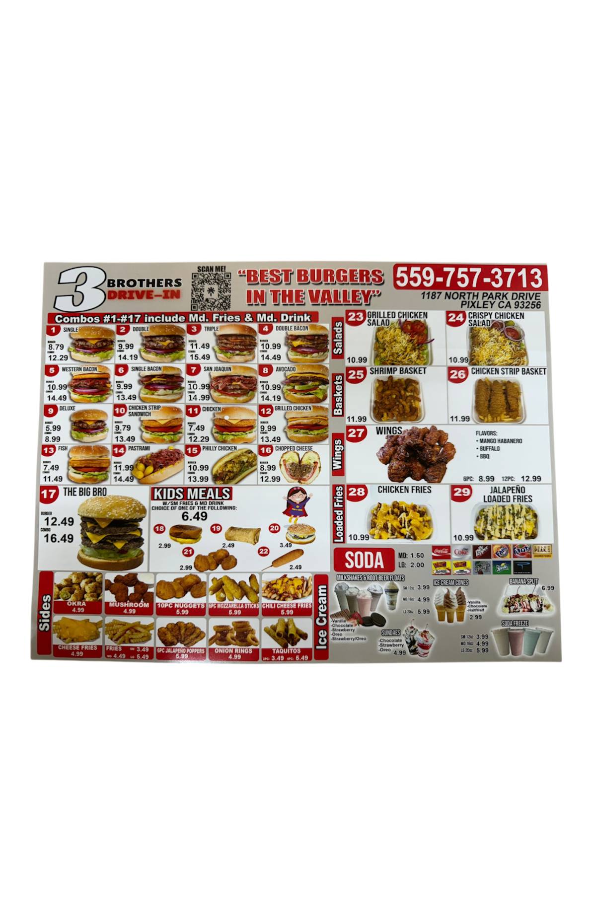 Menu at 3 Brothers Drive-In restaurant, Pixley