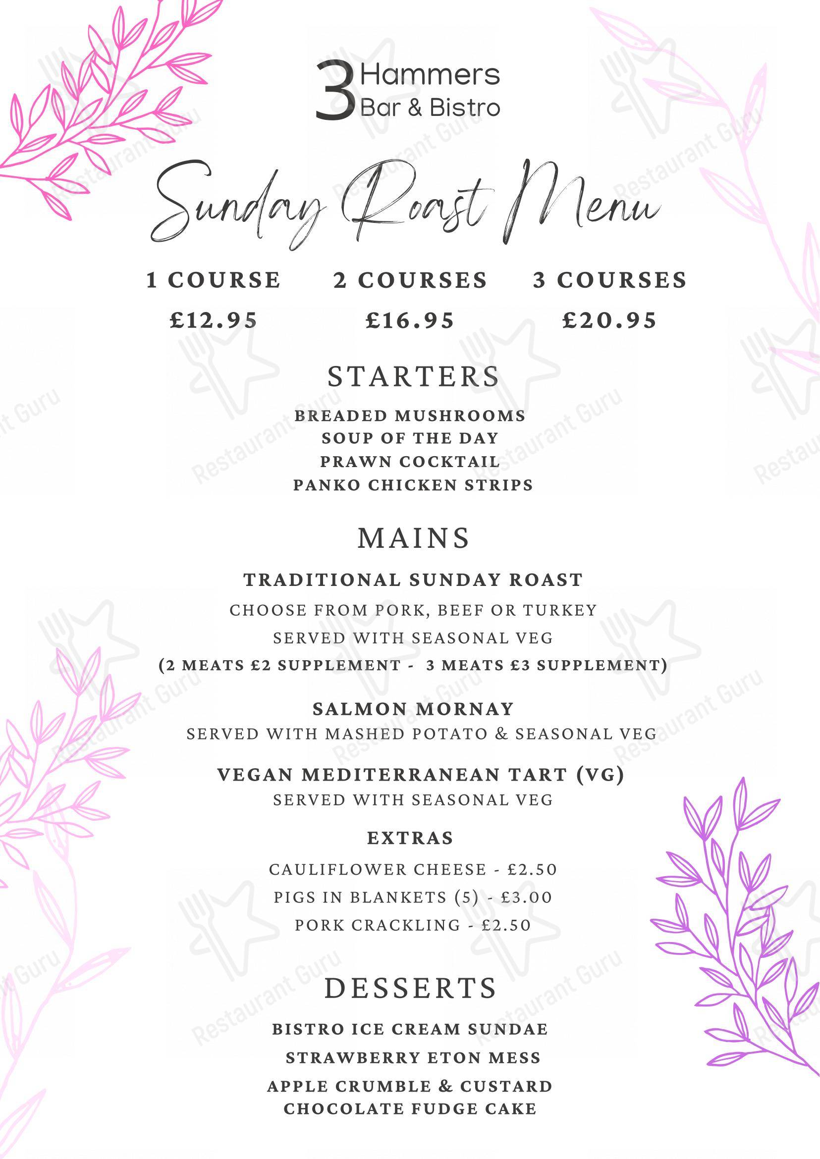 Menu at 3 Hammers Bar & Bistro Ltd, Wolverhampton