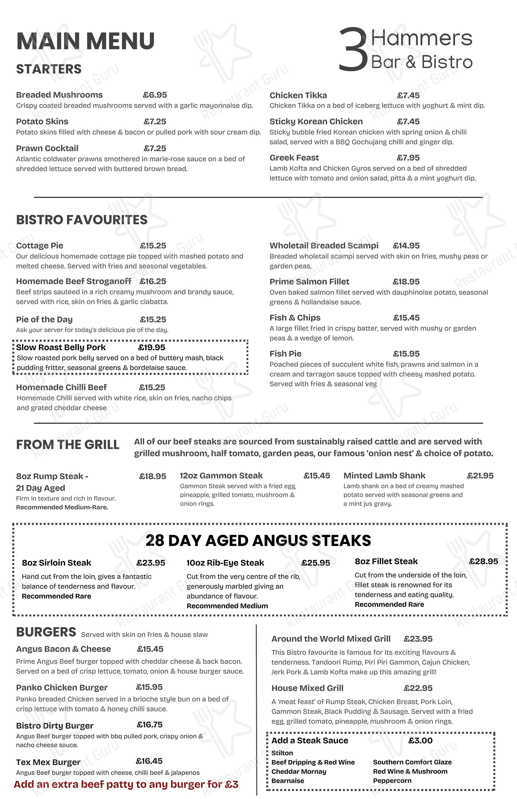 Menu at 3 Hammers Bar & Bistro Ltd, Wolverhampton