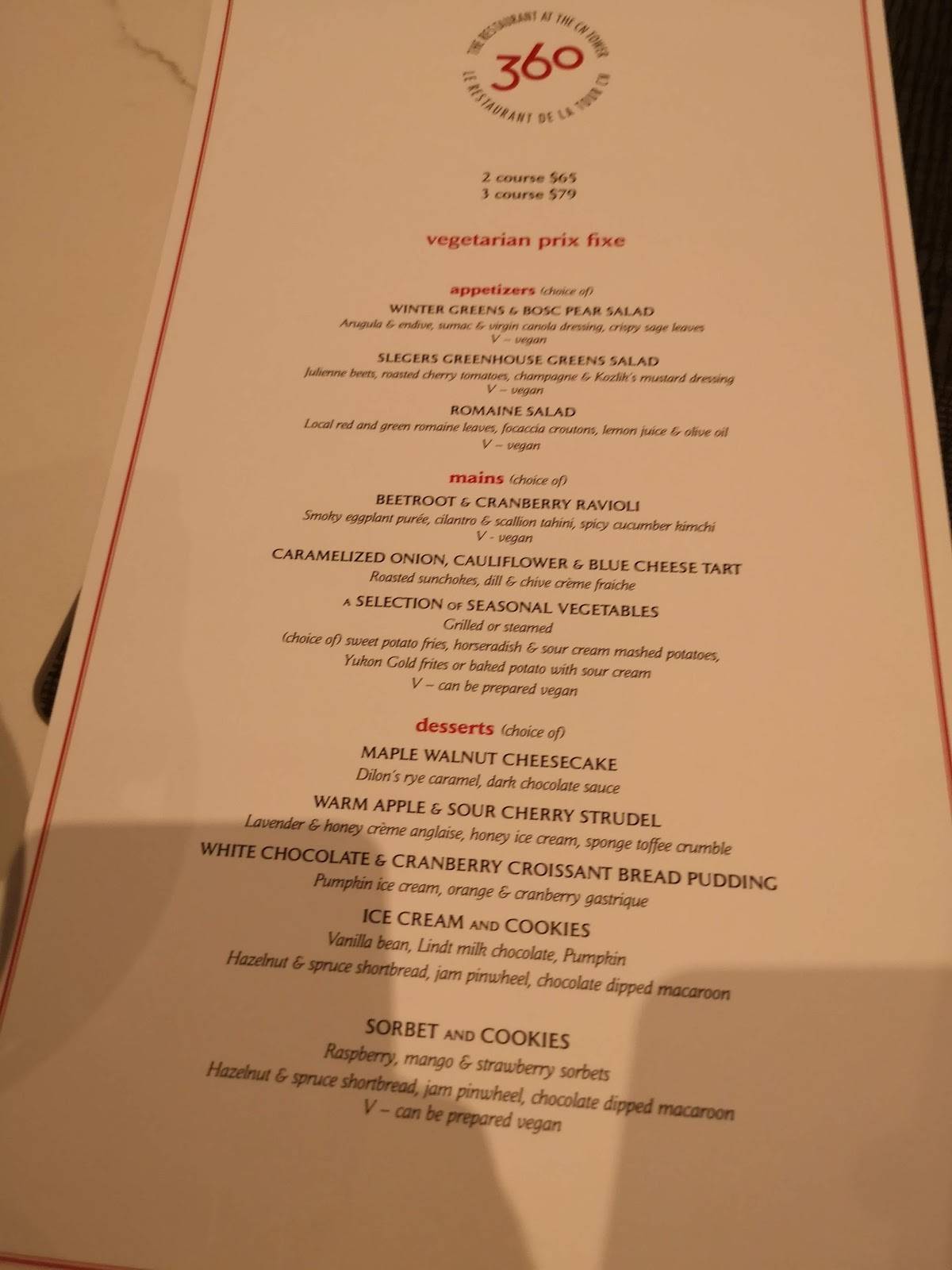 Menu at 360 The Restaurant at the CN Tower, Toronto