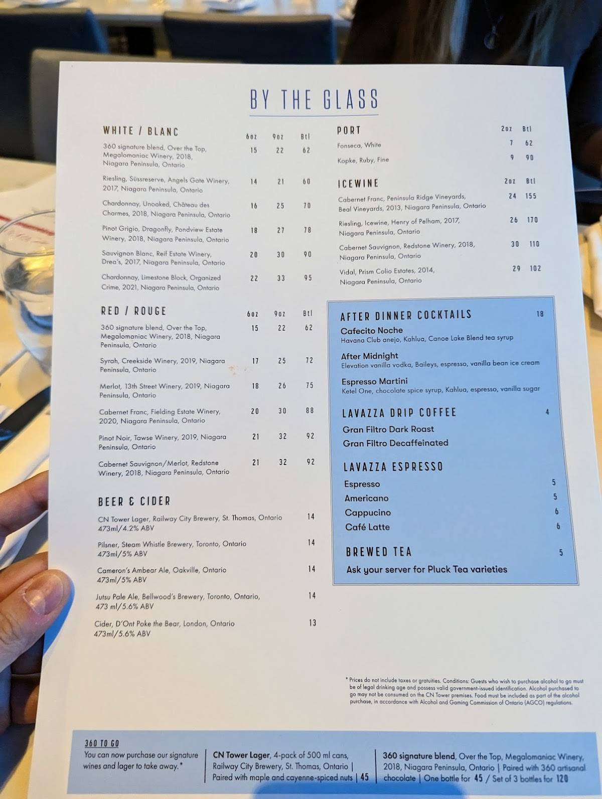 Menu at 360 The Restaurant at the CN Tower, Toronto