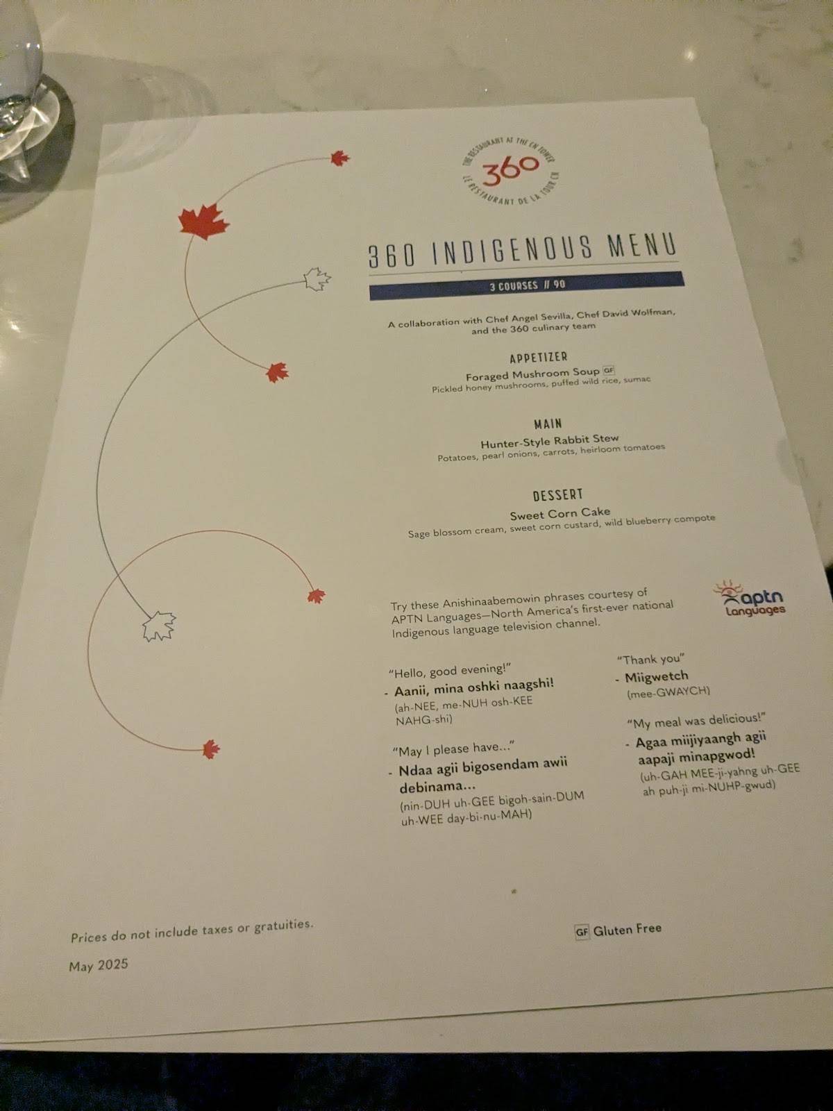 Menu at 360 The Restaurant at the CN Tower, Toronto