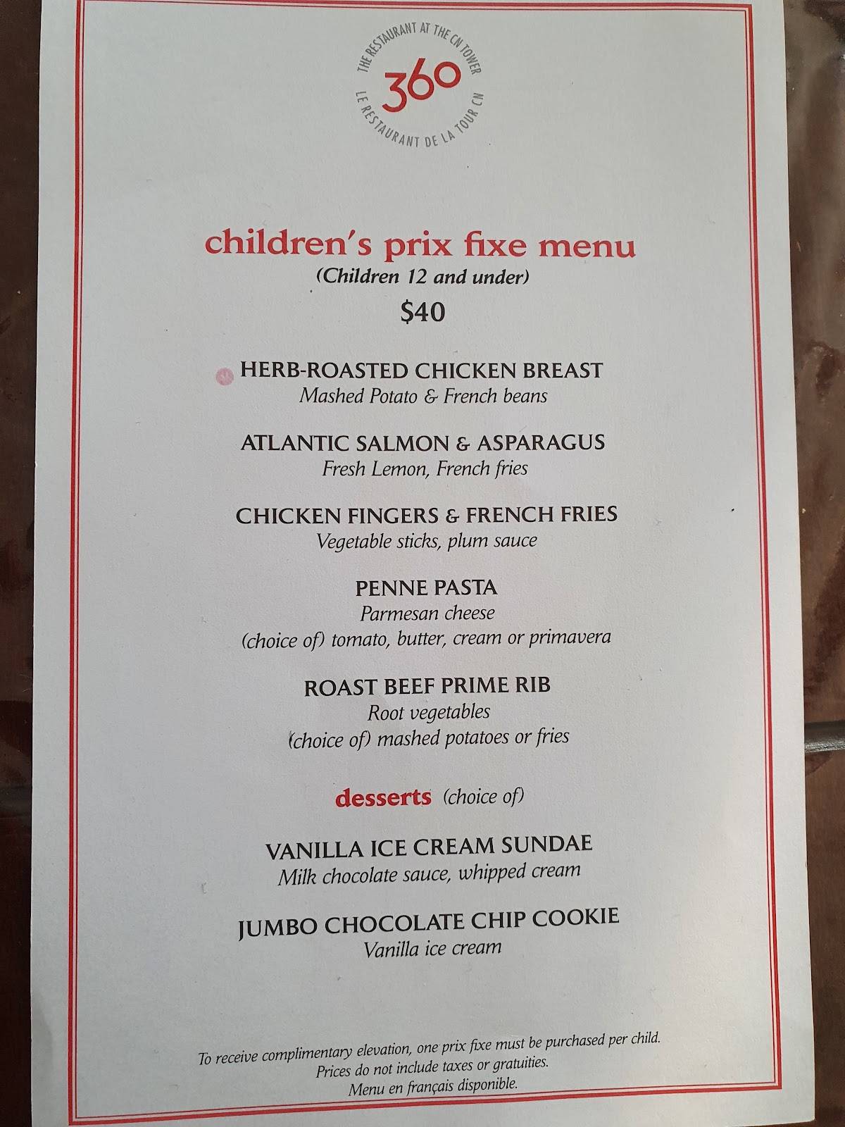Menu at 360 The Restaurant at the CN Tower, Toronto