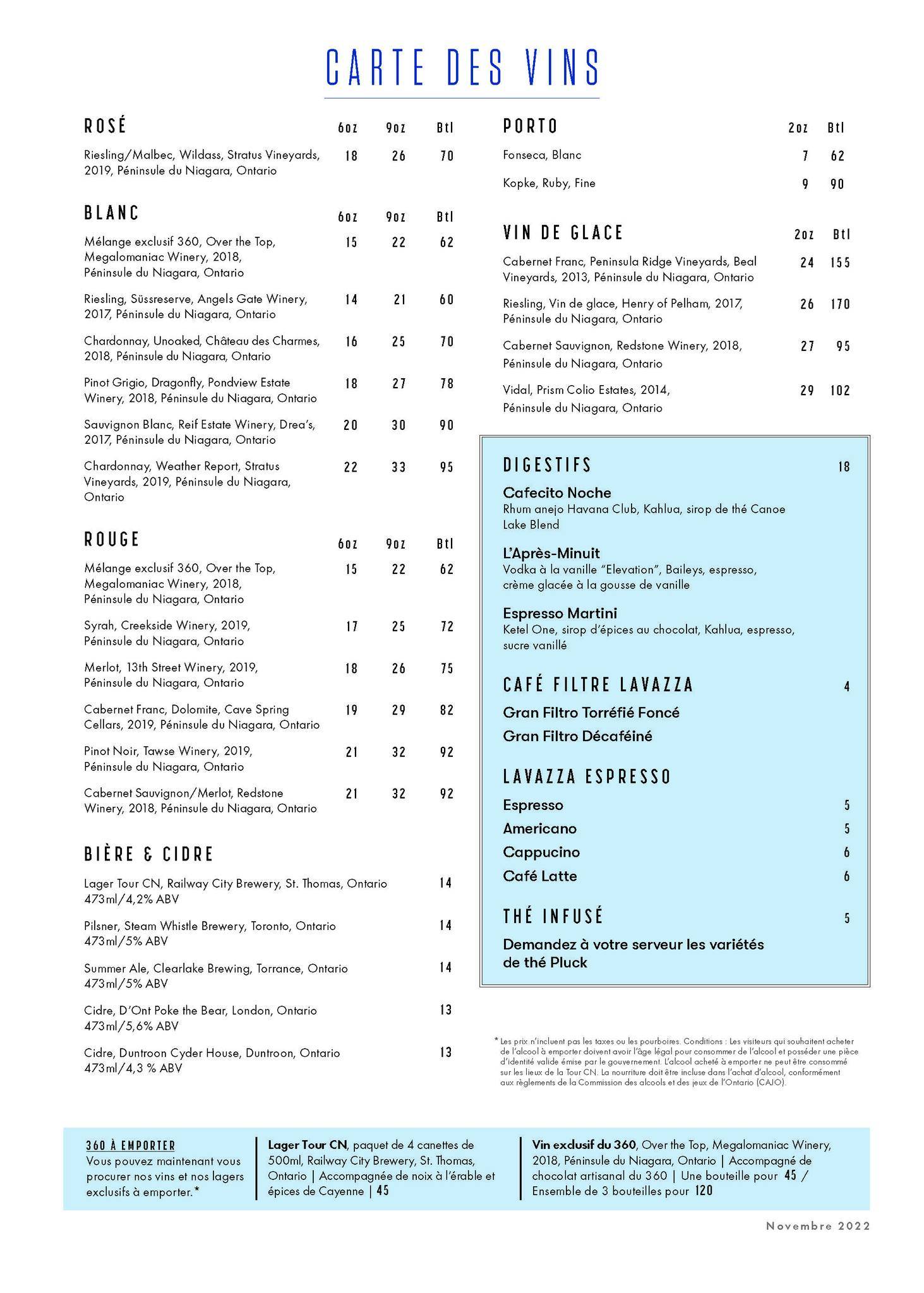 Menu at 360 The Restaurant at the CN Tower, Toronto