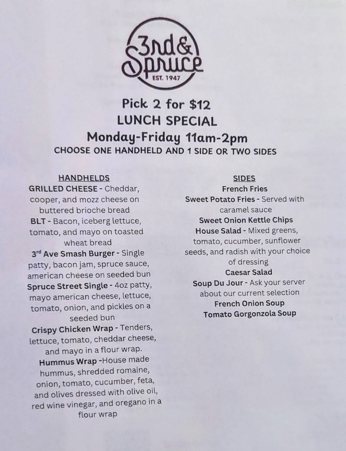 Menu at 3rd & Spruce Drafthaus pub & bar, Reading