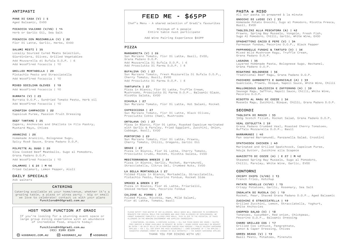 Menu at 400 Gradi Eastland pizzeria, Ringwood, Shop R05/175 Maroondah Hwy