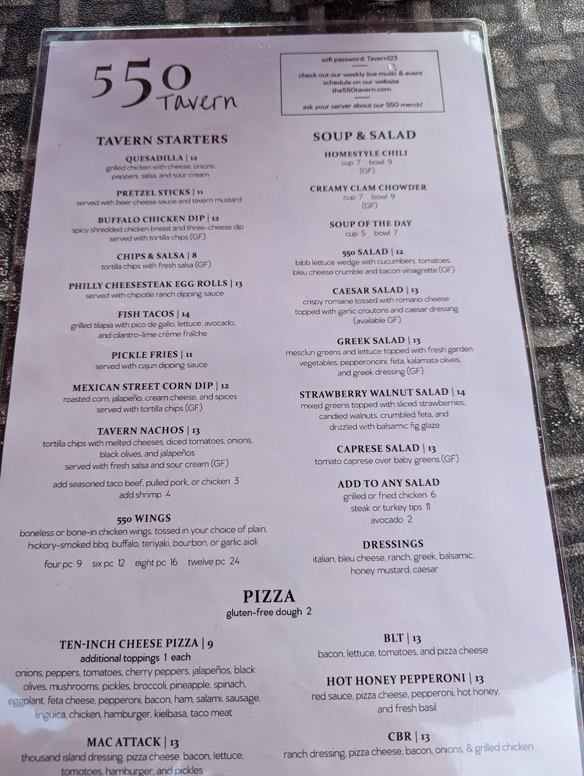Menu at 550 Tavern pub & bar, Halifax