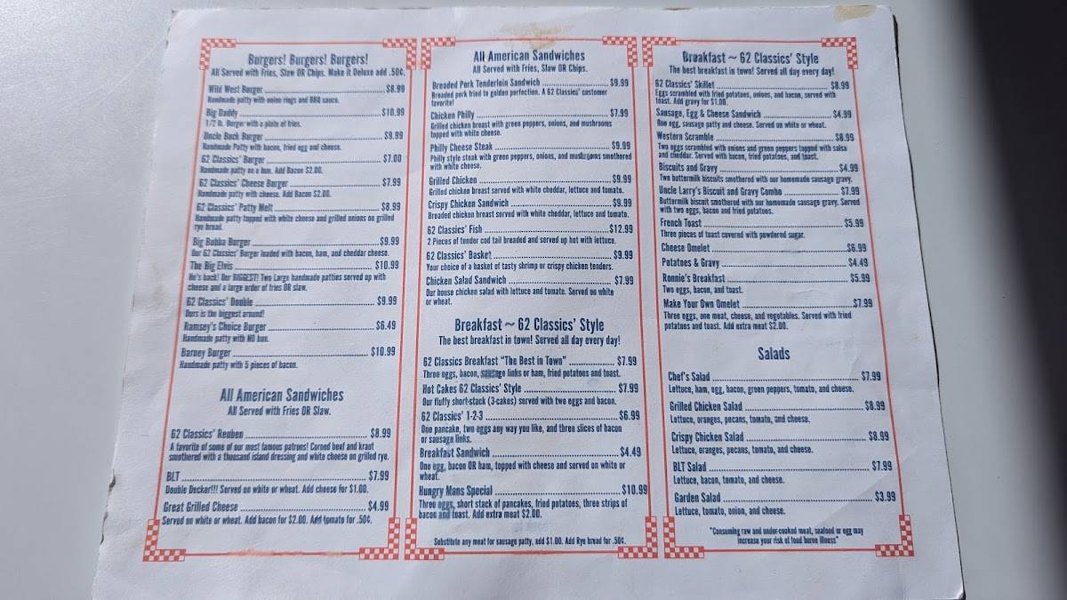Menu at 62 Classics' Diner restaurant, Hillsboro