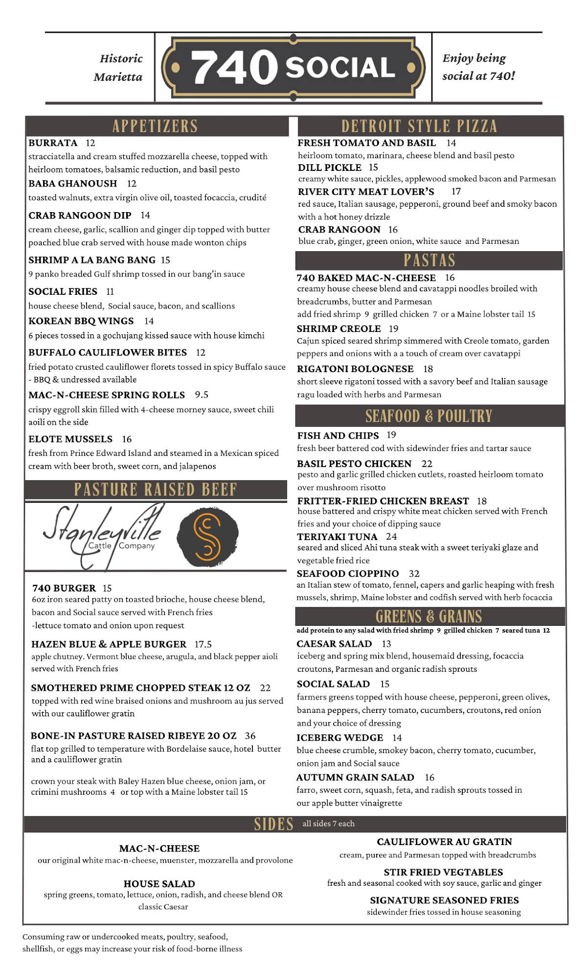 Menu at 740 Social restaurant, Marietta