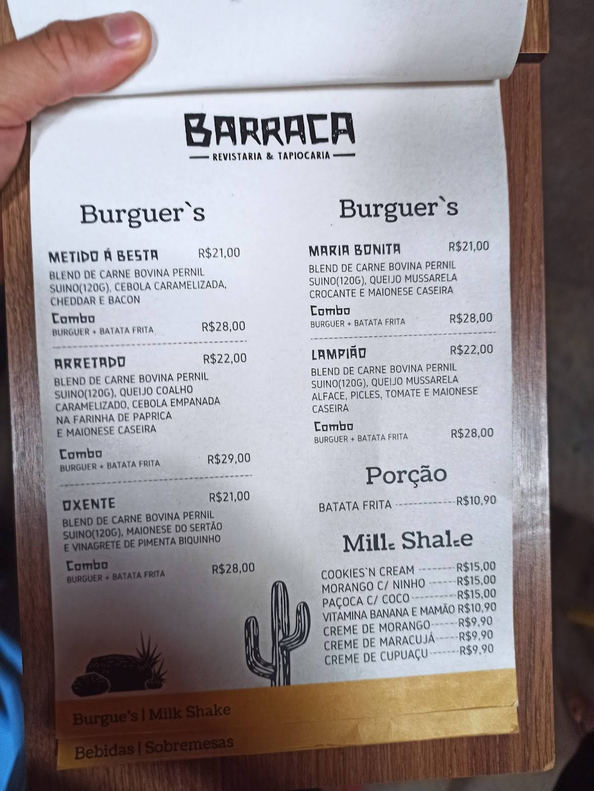 Menu em A Barraca, Guará