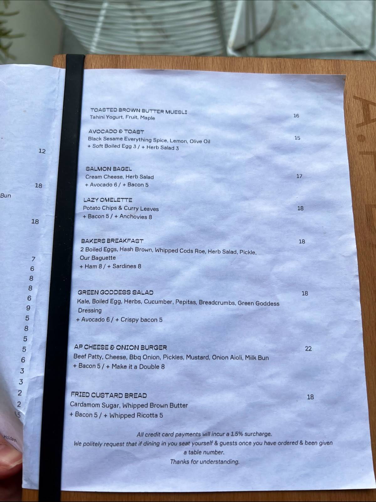 Menu at A.P House (A.P Bakery), Surry Hills