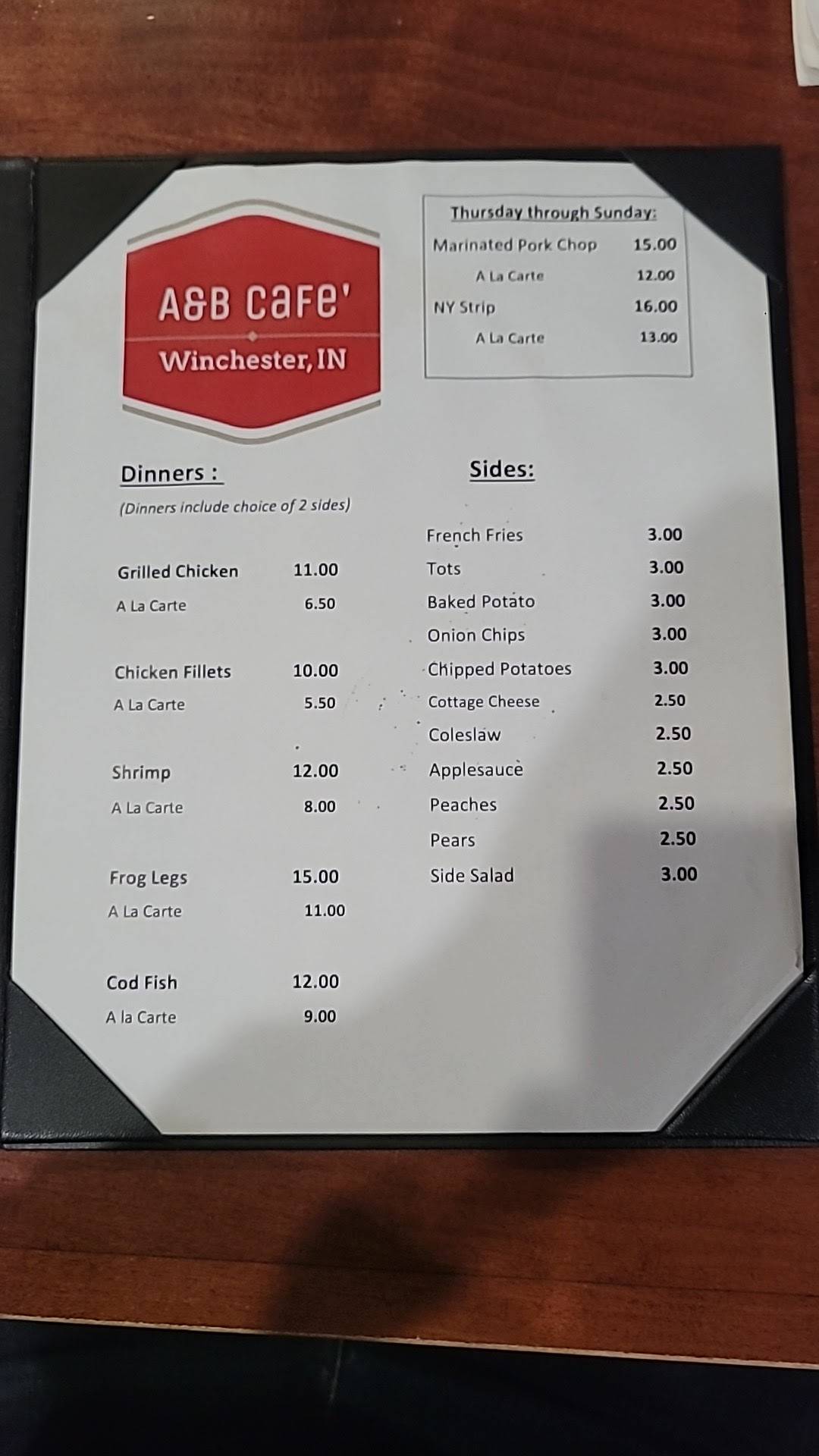 Menu at A & B Cafe, Winchester