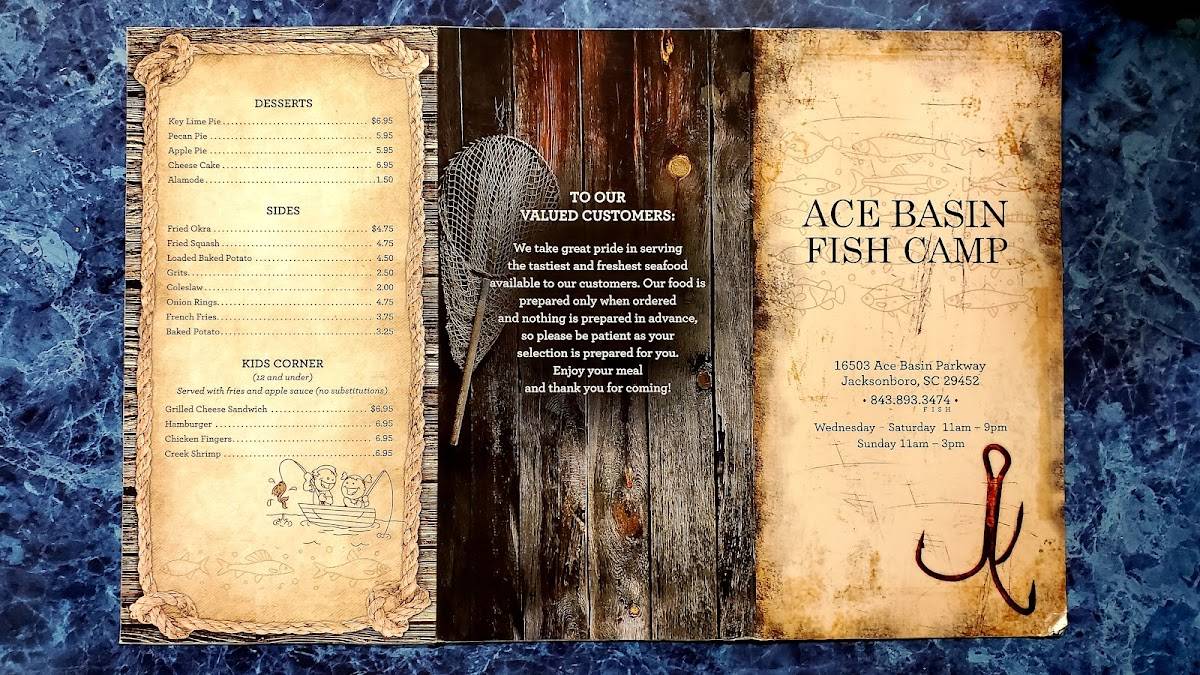 Menu at ACE Basin Fish Camp steakhouse, Jacksonboro