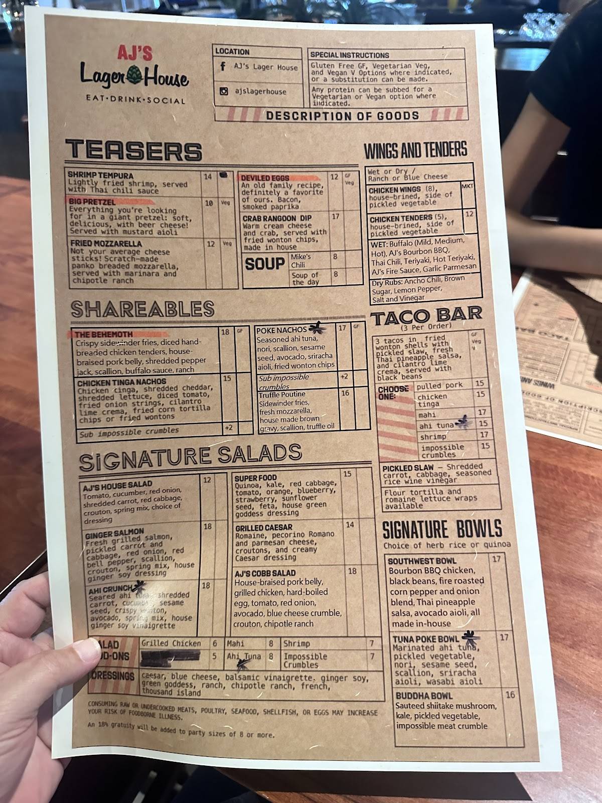 Menu at AJ's Lager House pub & bar, Melbourne