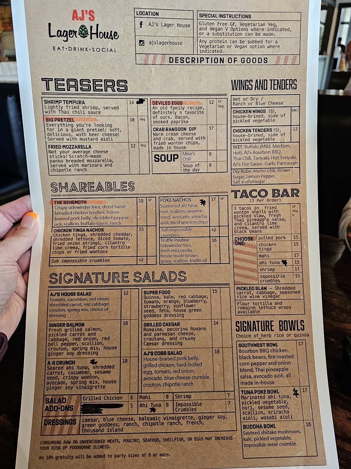 Menu at AJ's Lager House pub & bar, Melbourne