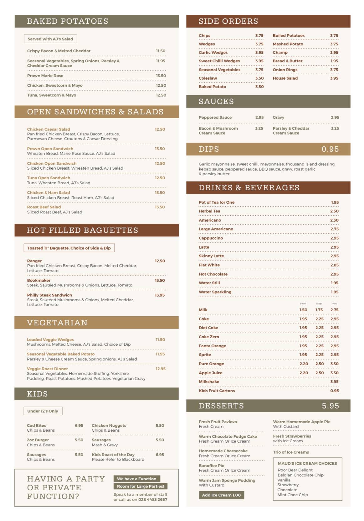 Menu at AJ's restaurant, Crossgar