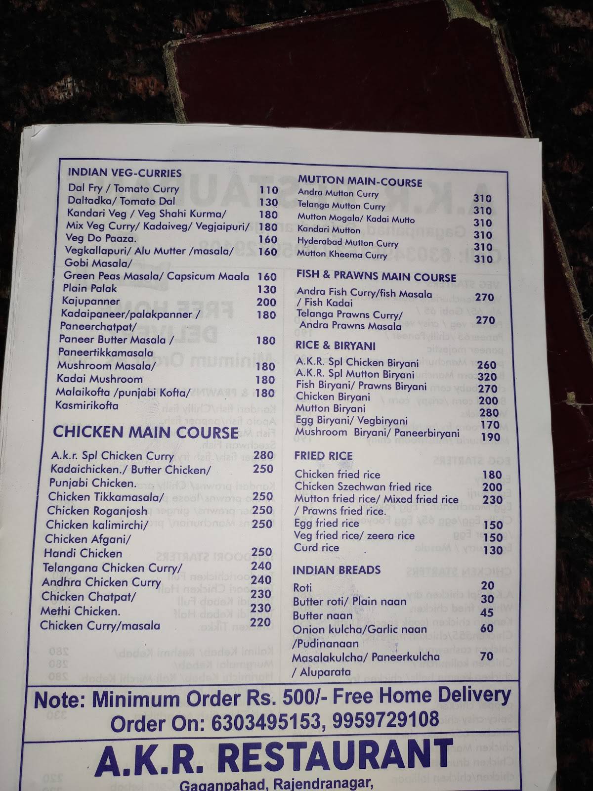 Menu at AKR Multi Cuisine Family Restaurant & Bar, India