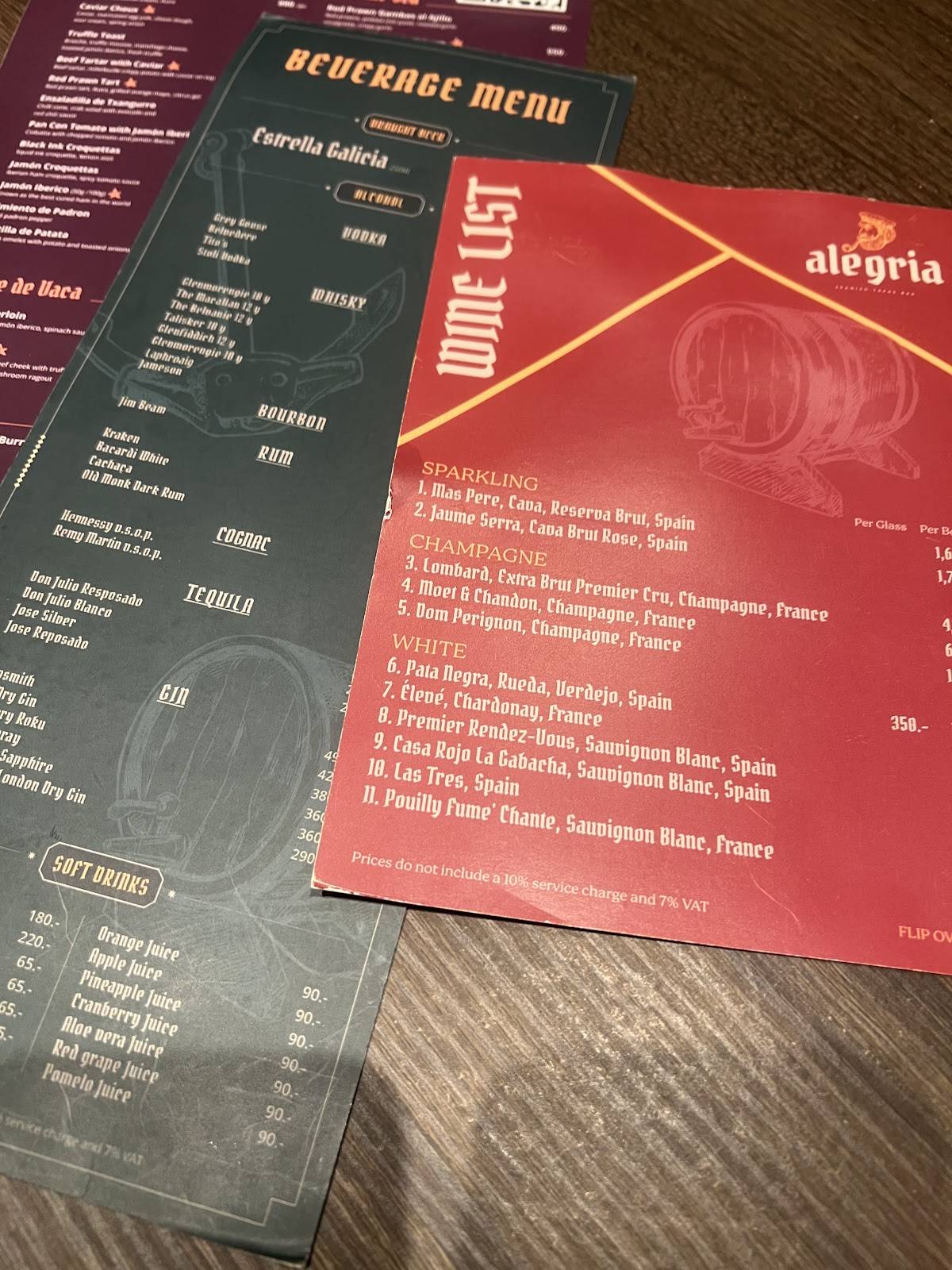 Menu at ALEGRIA Spanish Tapas Bar, Bangkok
