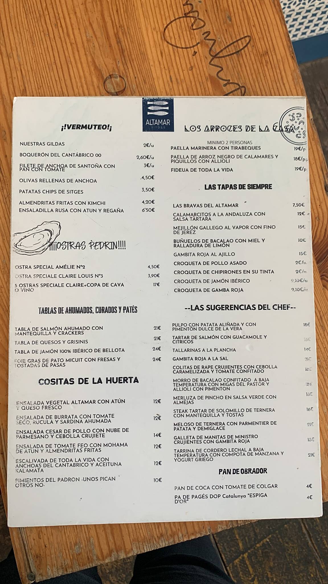Menu at ALTAMAR Sitges restaurant, Sitges
