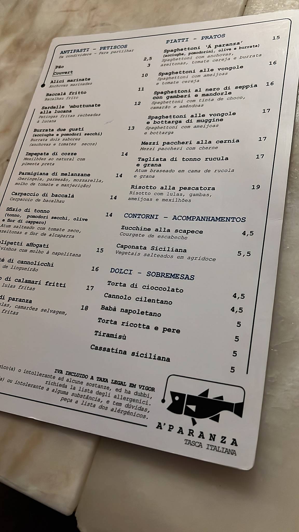 Menu at A'Paranza Tasca Italiana restaurant, Lisbon