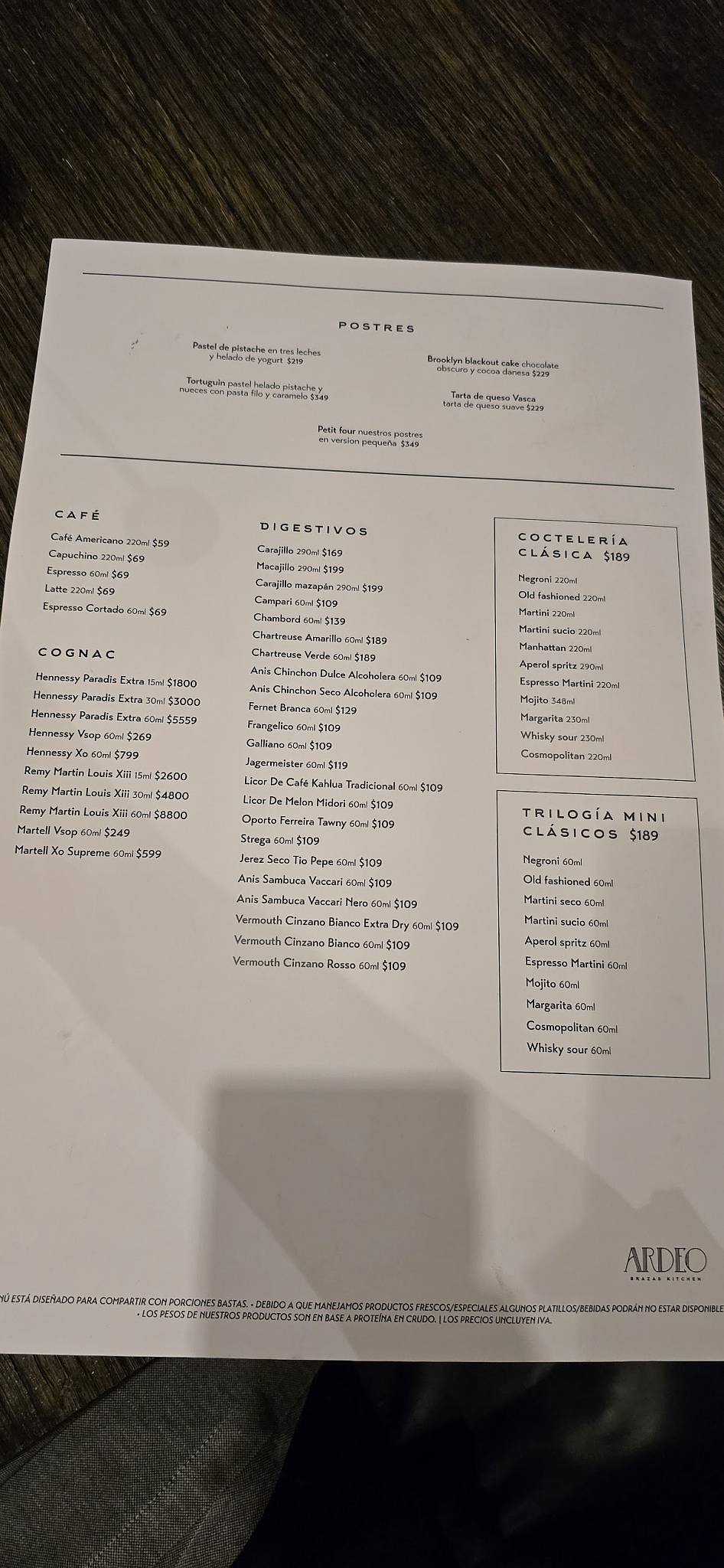 Menu at ARDEO restaurant, Ciudad Juarez