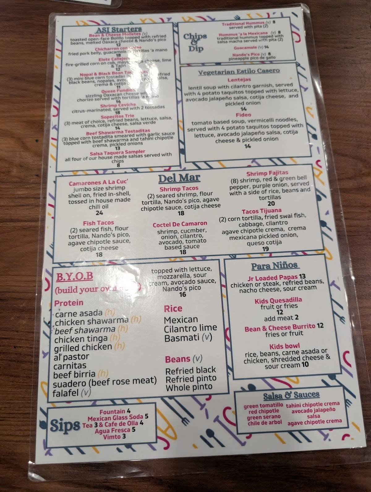 Menu at ASI Mexican Fusion Bistro restaurant, San Jose