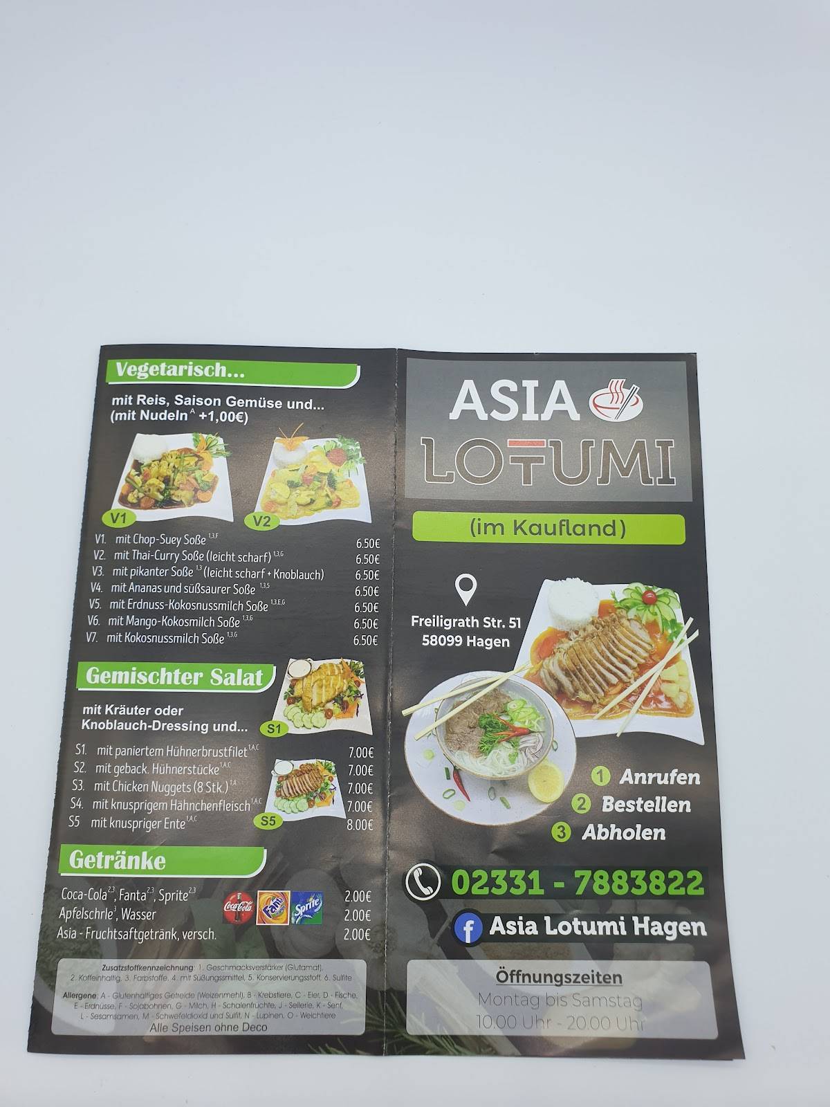 Menu at ASIA LOTUMI restaurant, Hagen
