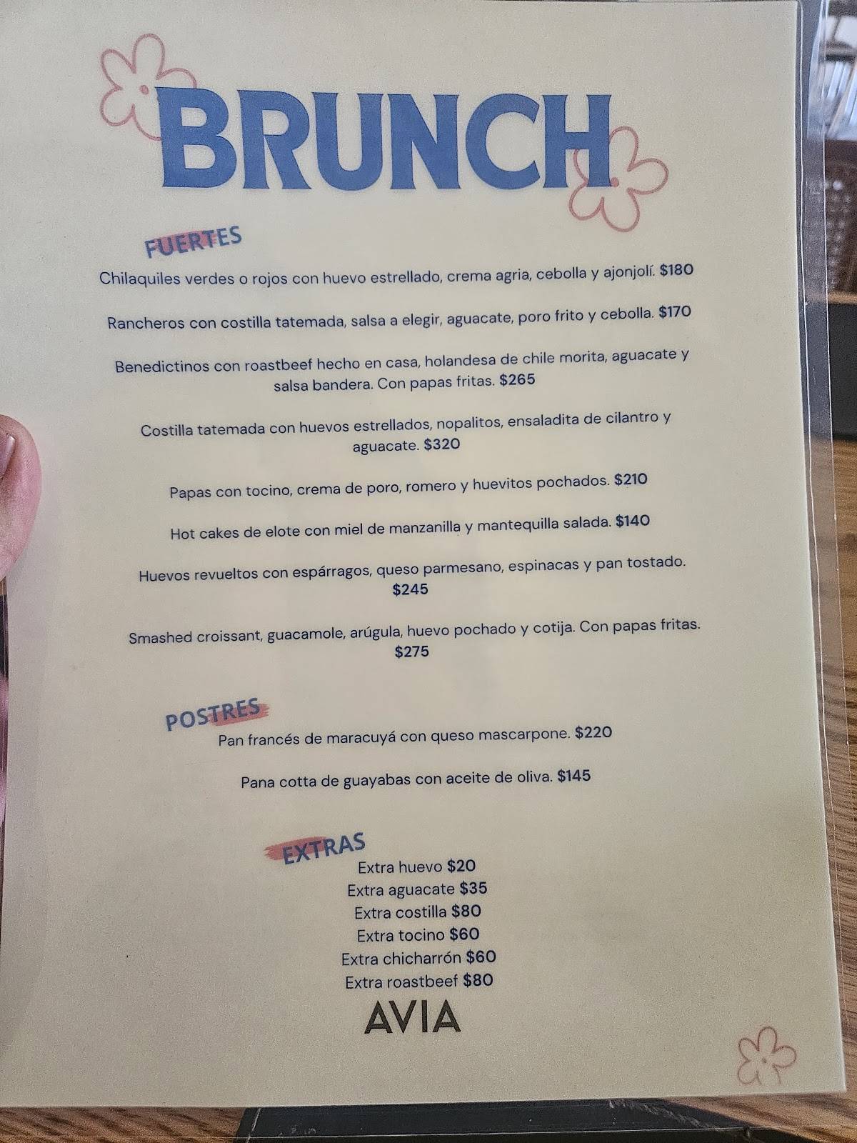 Menu at AVIA restaurant, Mexicali