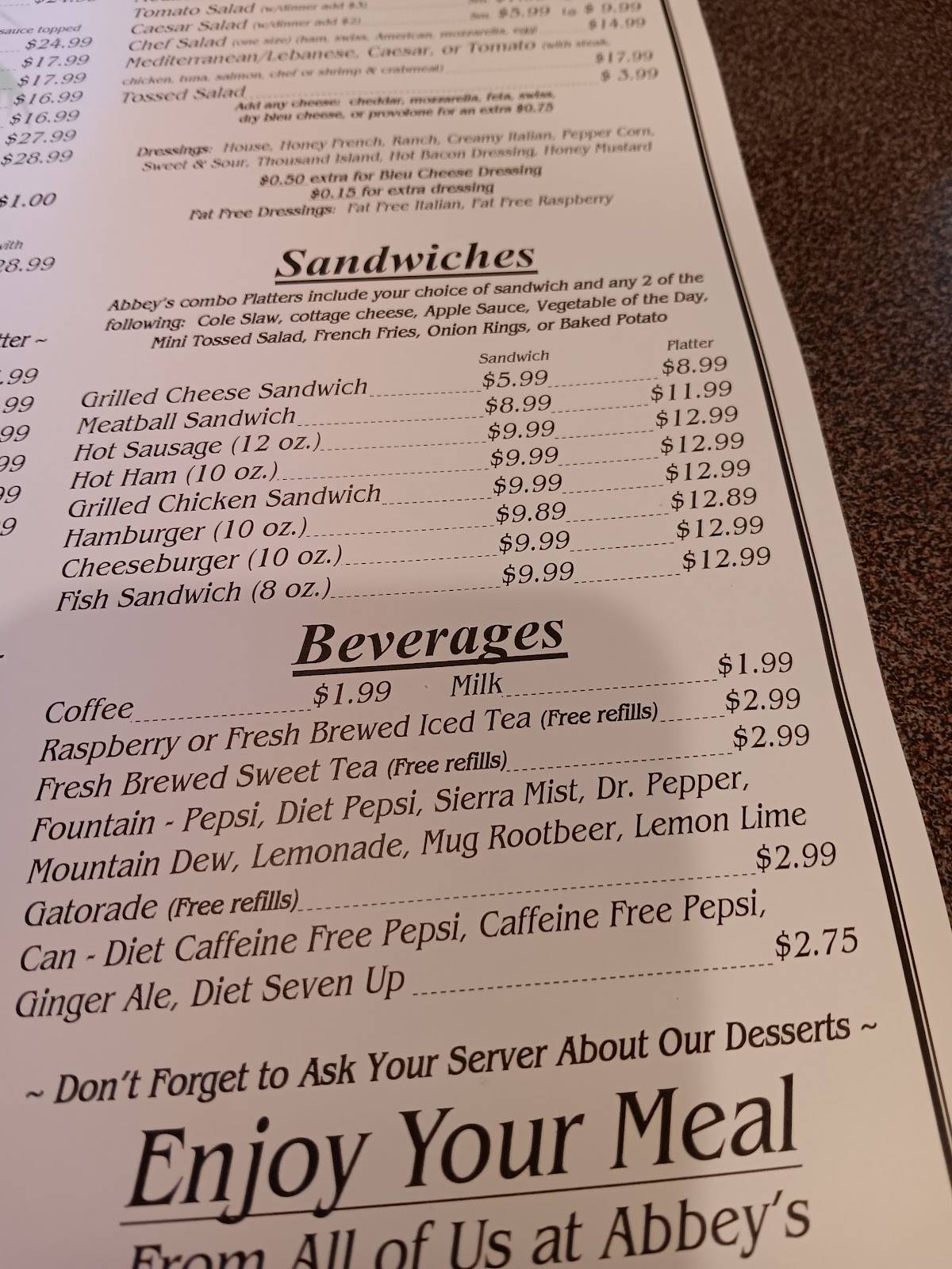 Menu at Abbey's Restaurant & Lounge, Wheeling