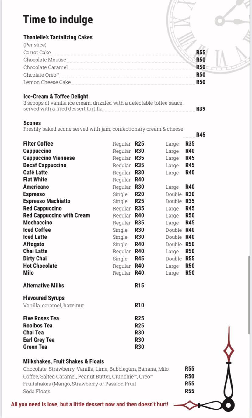 Menu at About Time Cafe, Meyerton