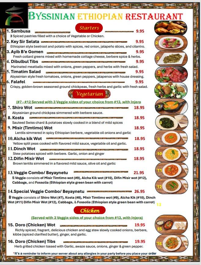 Menu at Abyssinian Ethiopian Restaurant, Middletown