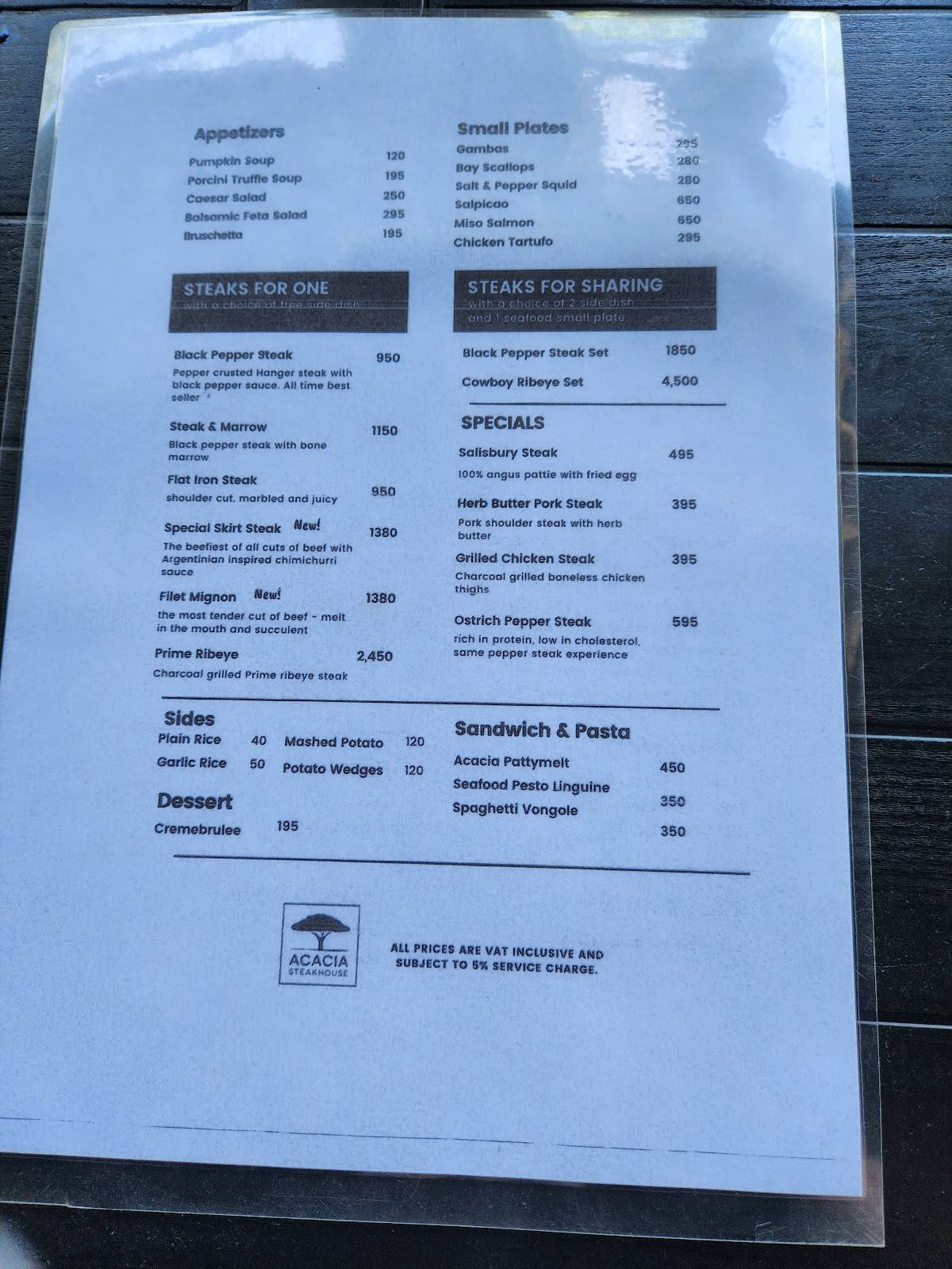 Menu at Acacia Steakhouse, Cebu City