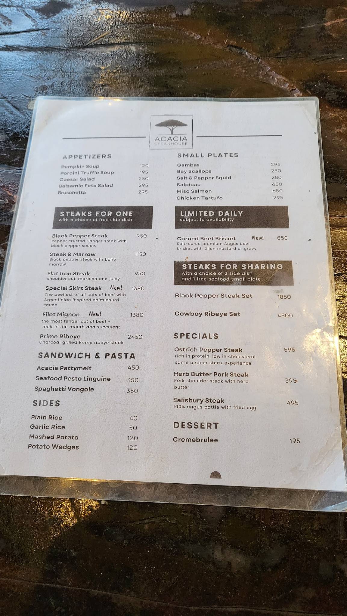Menu at Acacia Steakhouse, Cebu City
