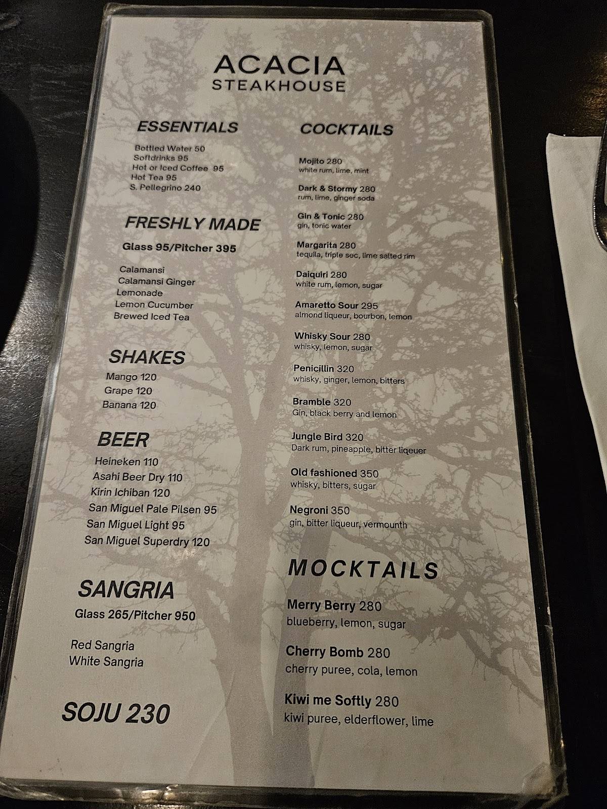 Menu at Acacia Steakhouse, Cebu City