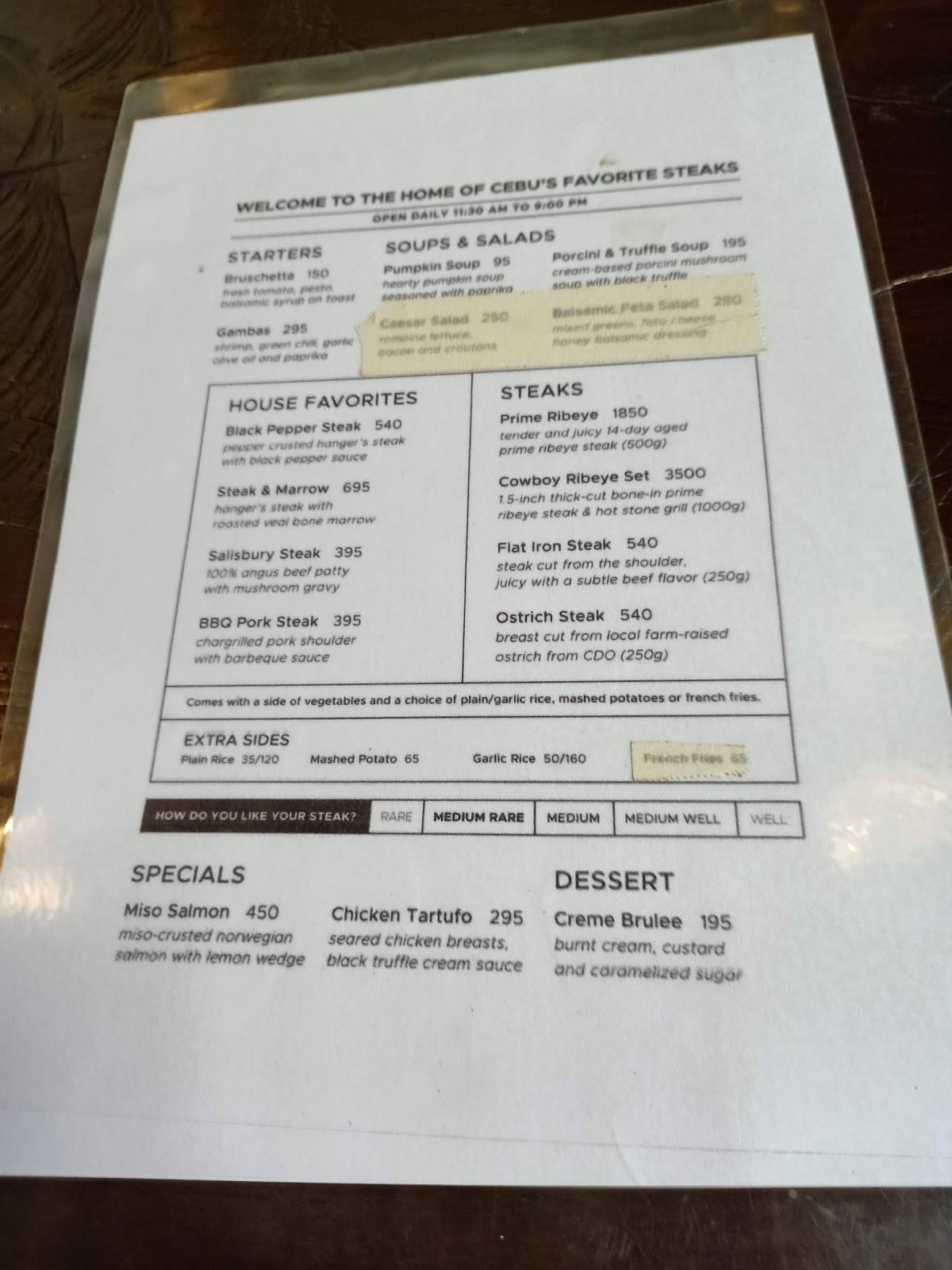 Menu at Acacia Steakhouse, Cebu City