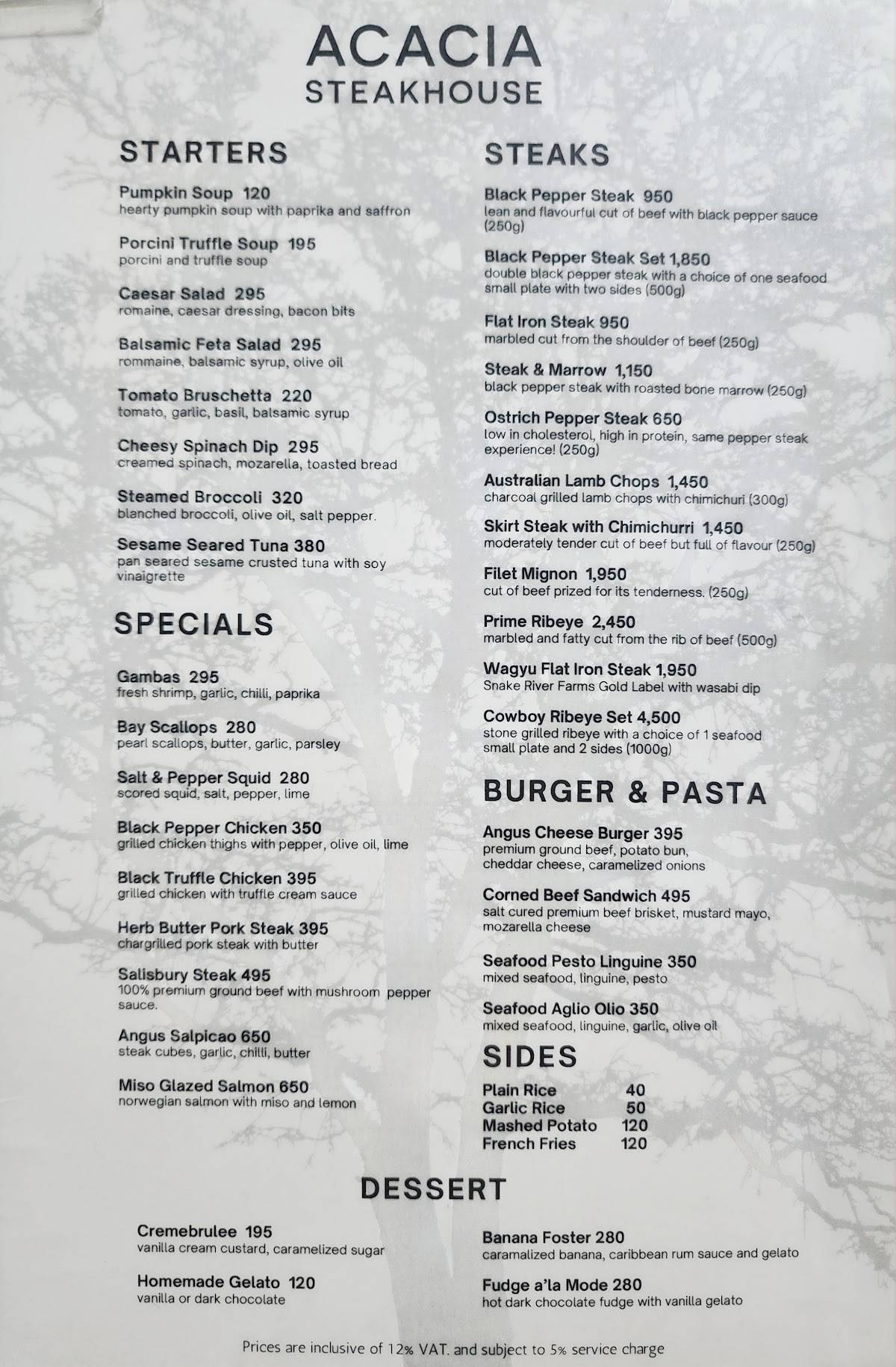Menu at Acacia Steakhouse, Cebu City