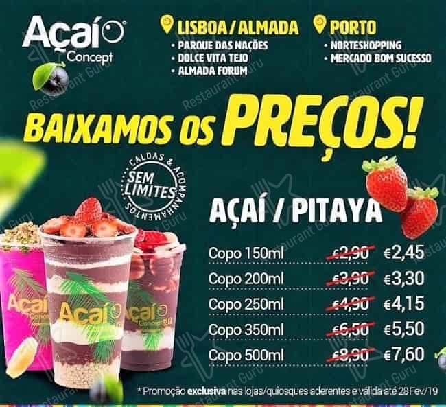Menu at Açaí Concept restaurant, Lisbon, Armazens do Chiado