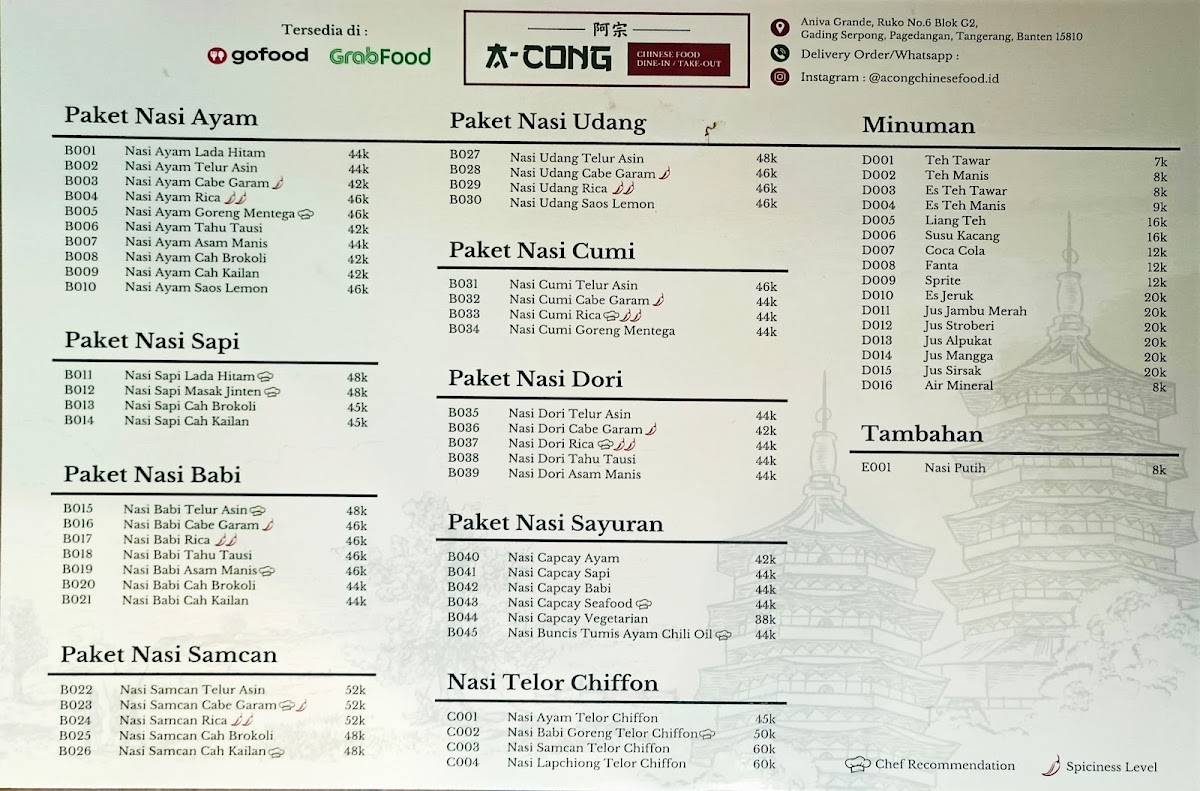 Carta del restaurante Acong Chinese Food Gading Serpong, Curug Sangereng