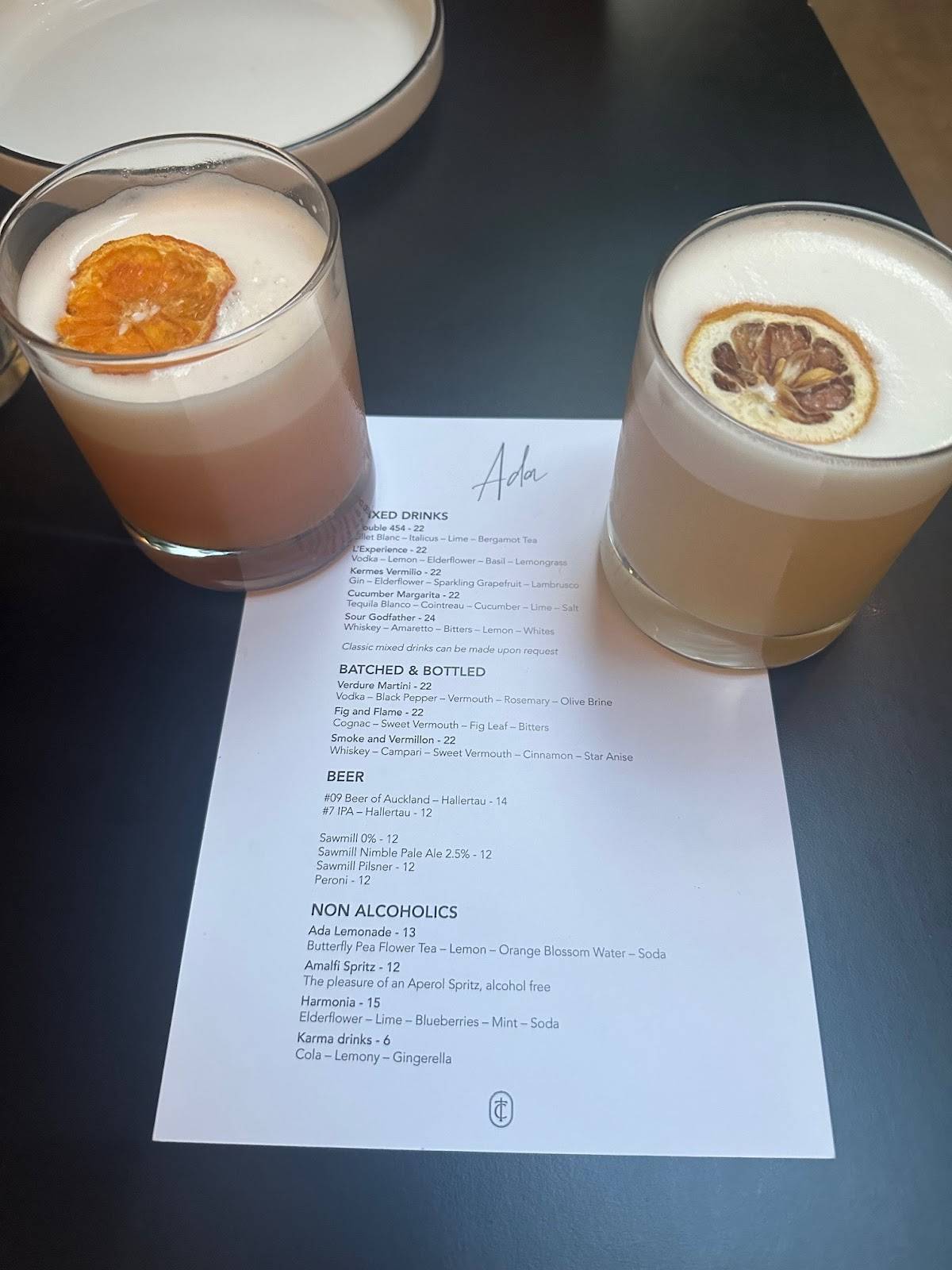Carta de Ada Restaurant, Auckland, 454 Great N Rd