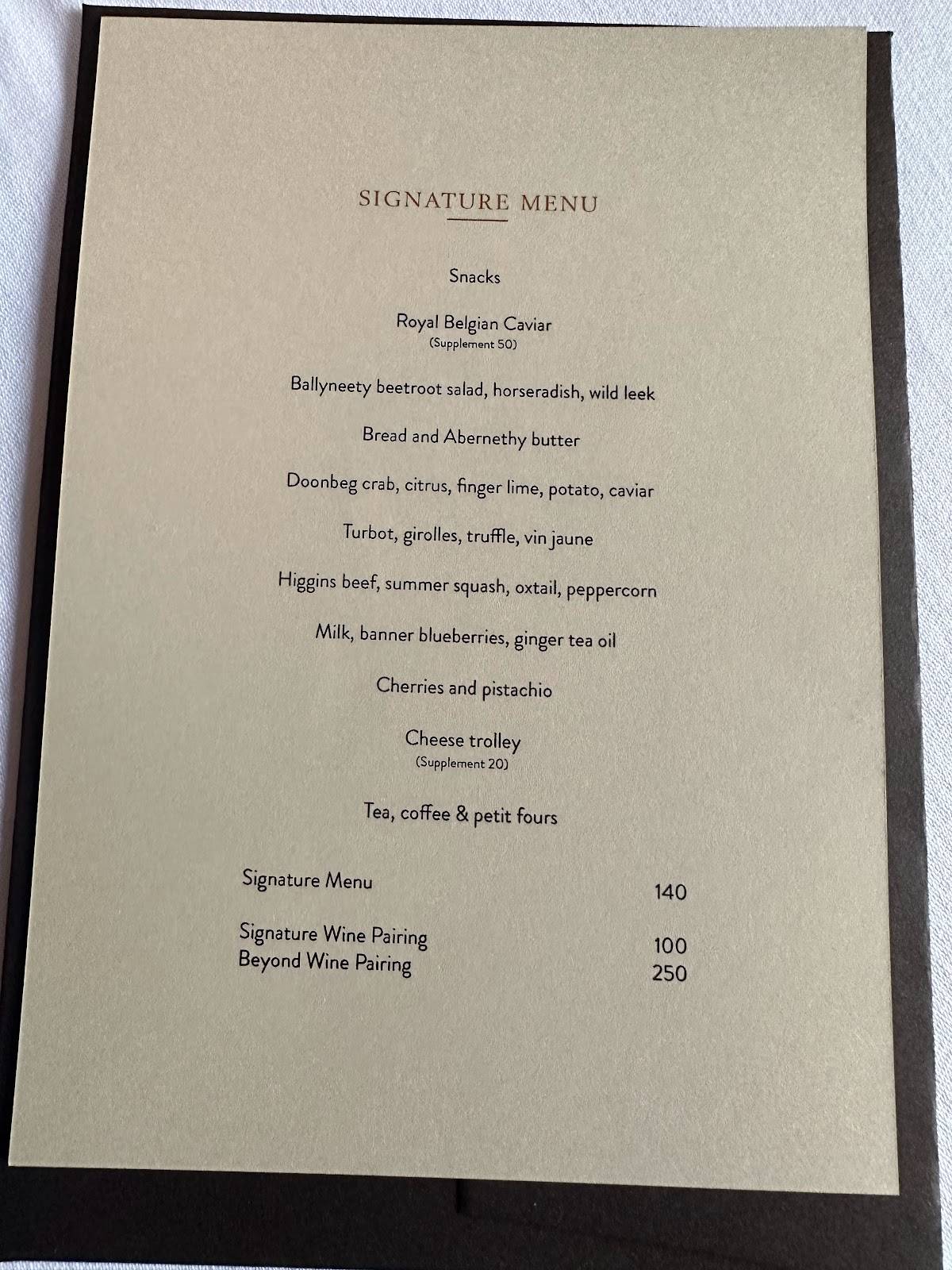 Menu at The Oak Room at Adare Manor restaurant, Adare