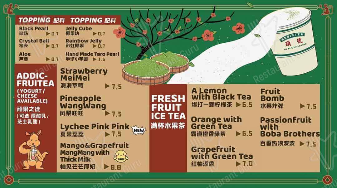 Menu at Addictea, Brisbane City