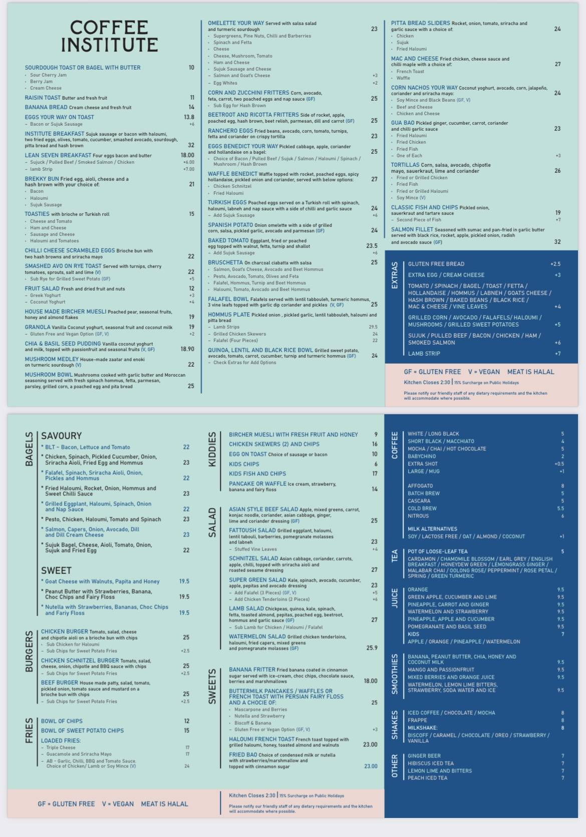 Menu at Coffee Institute cafe, Walkerville, 96 Walkerville Terrace