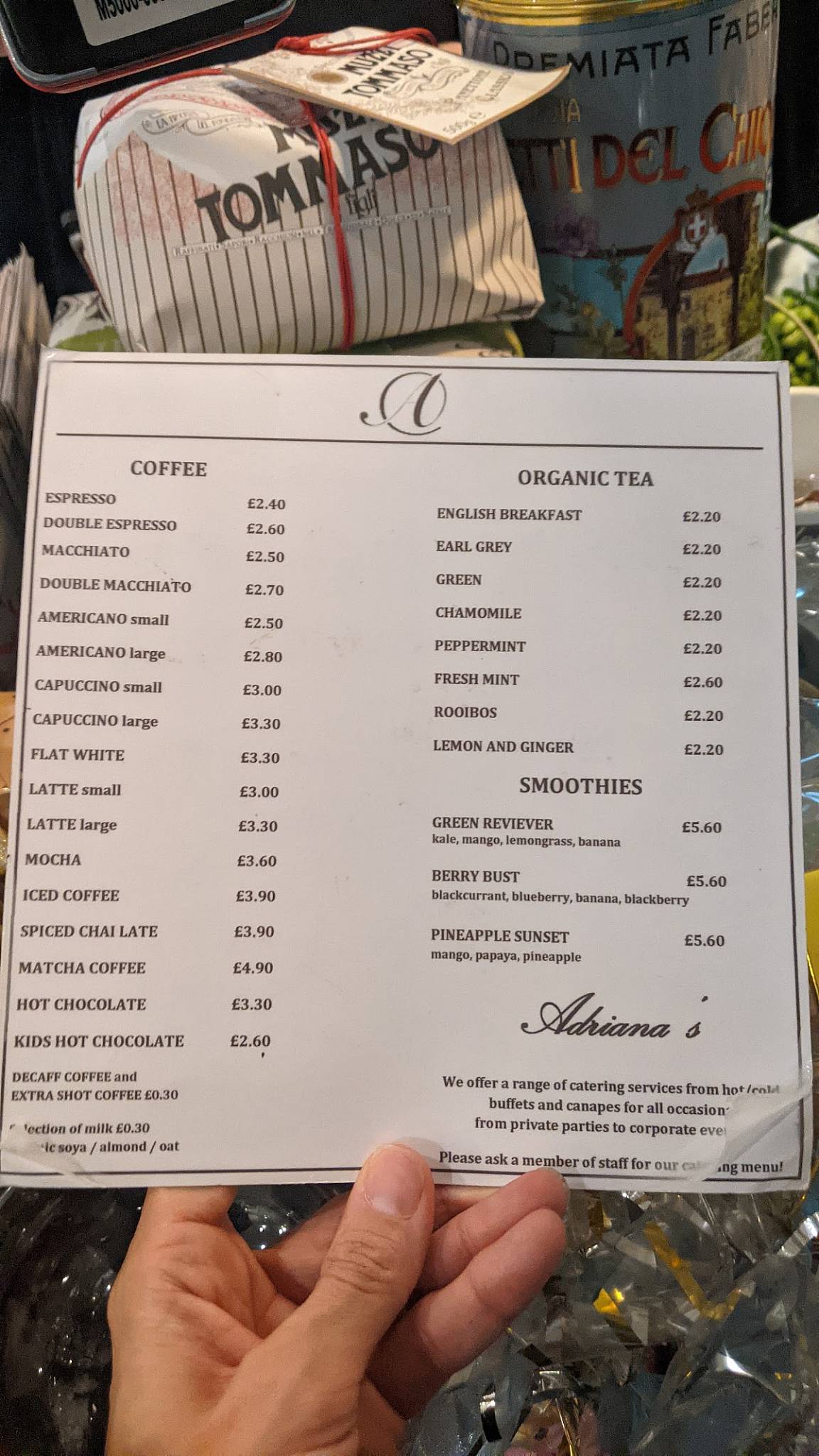 Menu at Adriana's Café & Eatery cafe, London