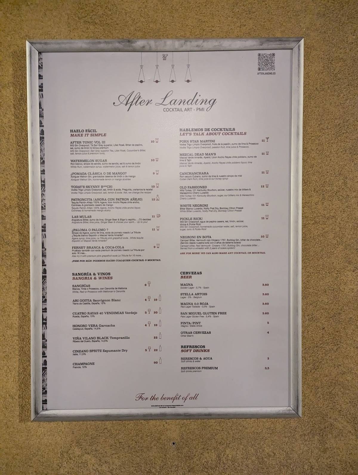 Menu at After Landing Cocktail Art pub & bar, Palma