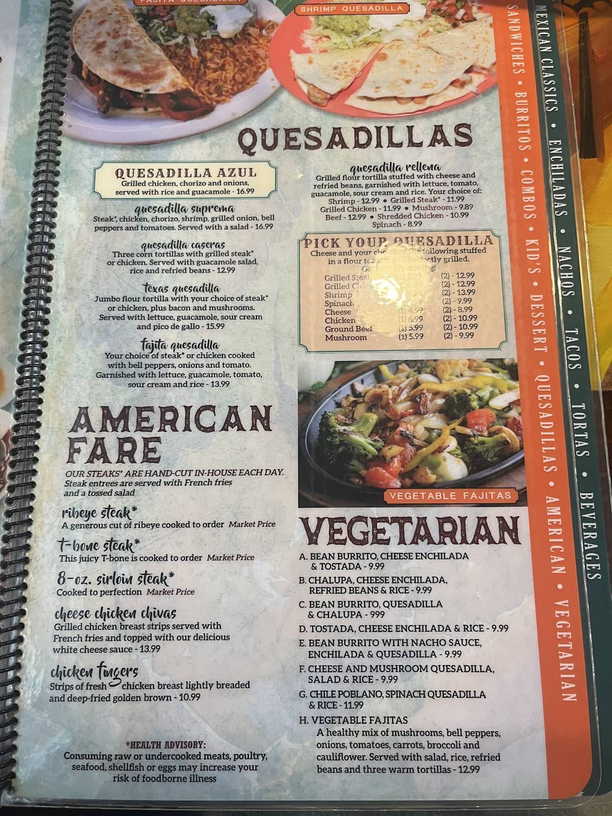 Menu at Agave Azul restaurant, Monon