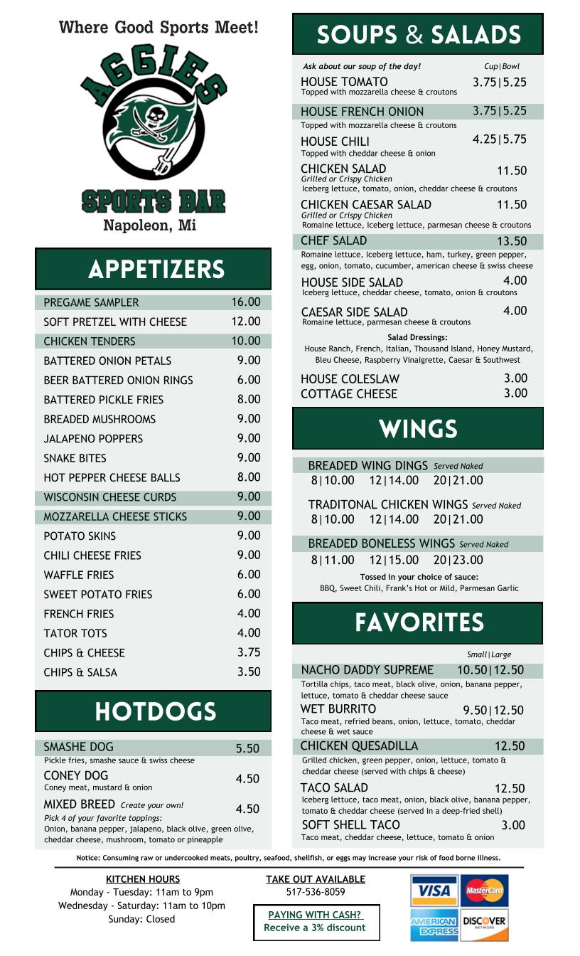 Menu at Aggie's Sports Bar & Average Joes, Napoleon